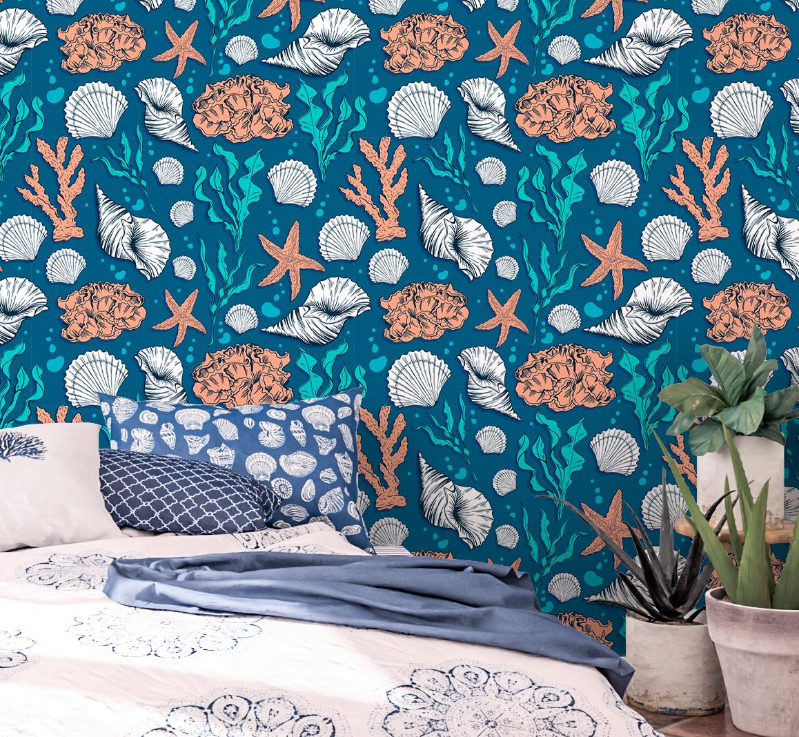 Seashell Wallpaper Peel and Stick, Coastal Sea Life Removable Wall ...