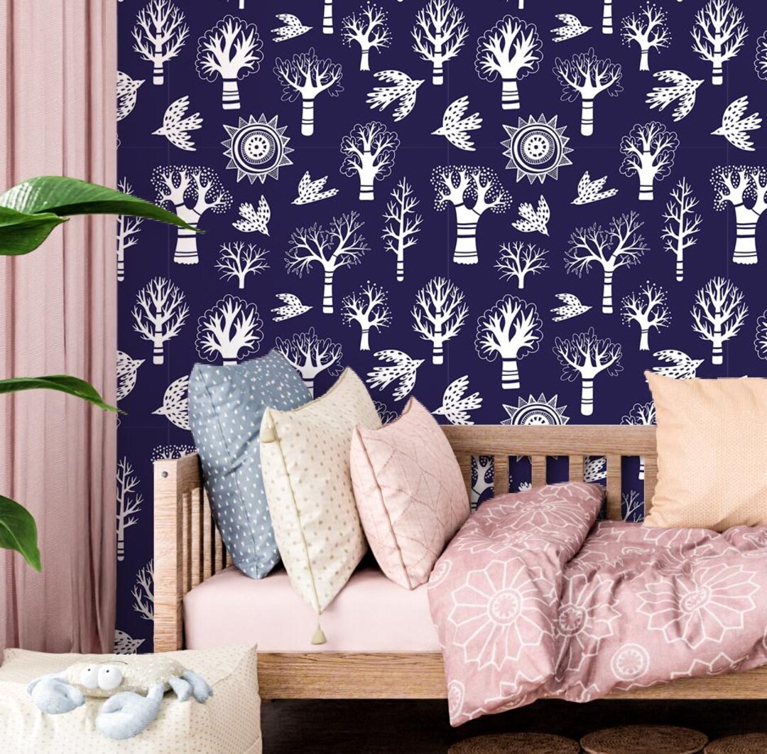 Birds Tree Wallpaper Peel and Stick, Dark Primitive Removable Wall ...