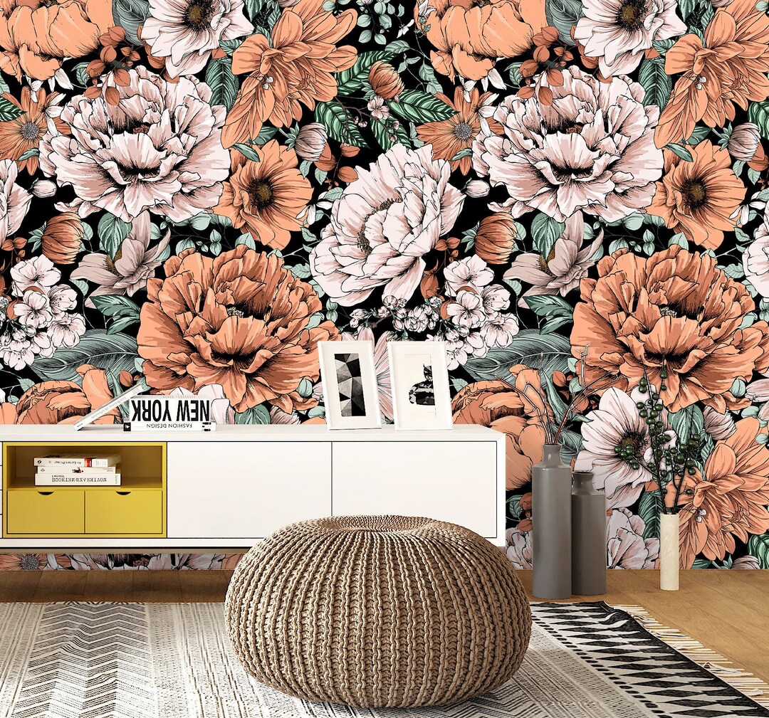 Rust Floral Wallpaper Peel and Stick, Peony Wallpaper, Big Flower ...
