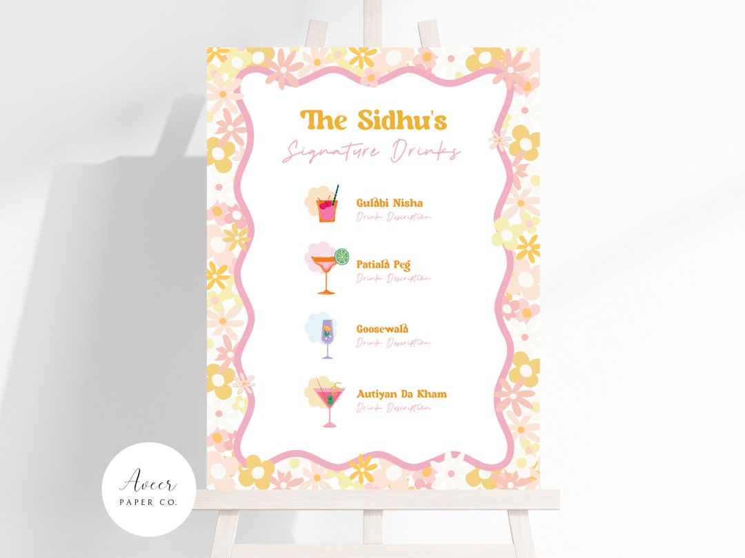 Sangeet Retro 80s Punjabi Drink Menu PINK | Custom Drinks Menu | Indian ...