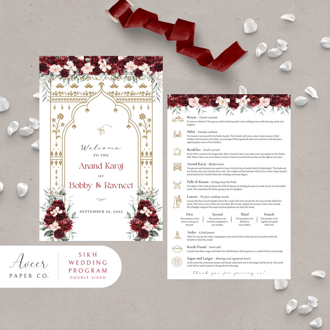 Sikh Wedding Program | Sikh Ceremony | Custom Wedding Program | Sikh ...