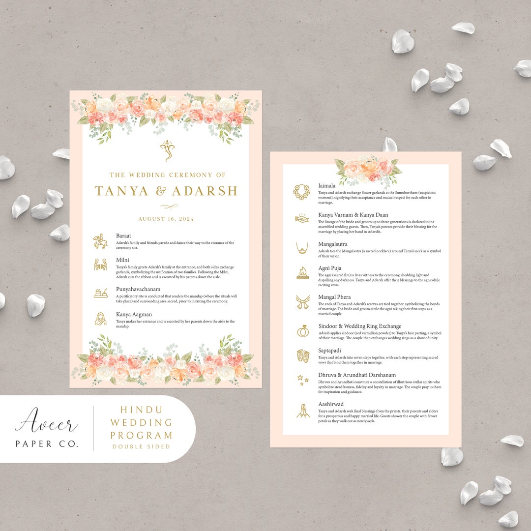 Hindu Wedding Program| Custom Wedding Program | Hindu Infographics/ceremony | Summer Peach ...
