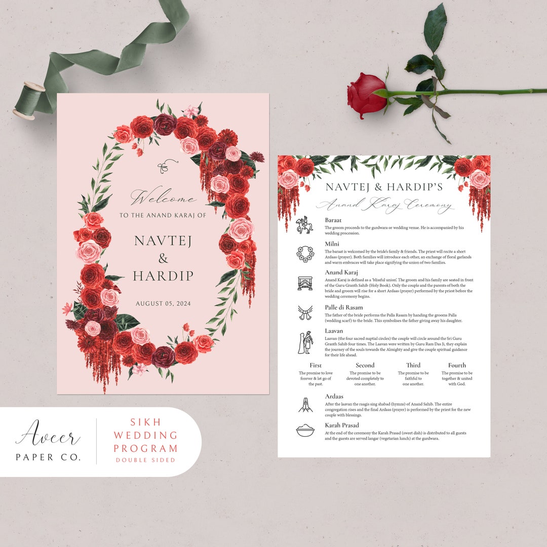 Sikh Wedding Program | Sikh Ceremony | Custom Wedding Program | Sikh Infographics | Red/pink ...