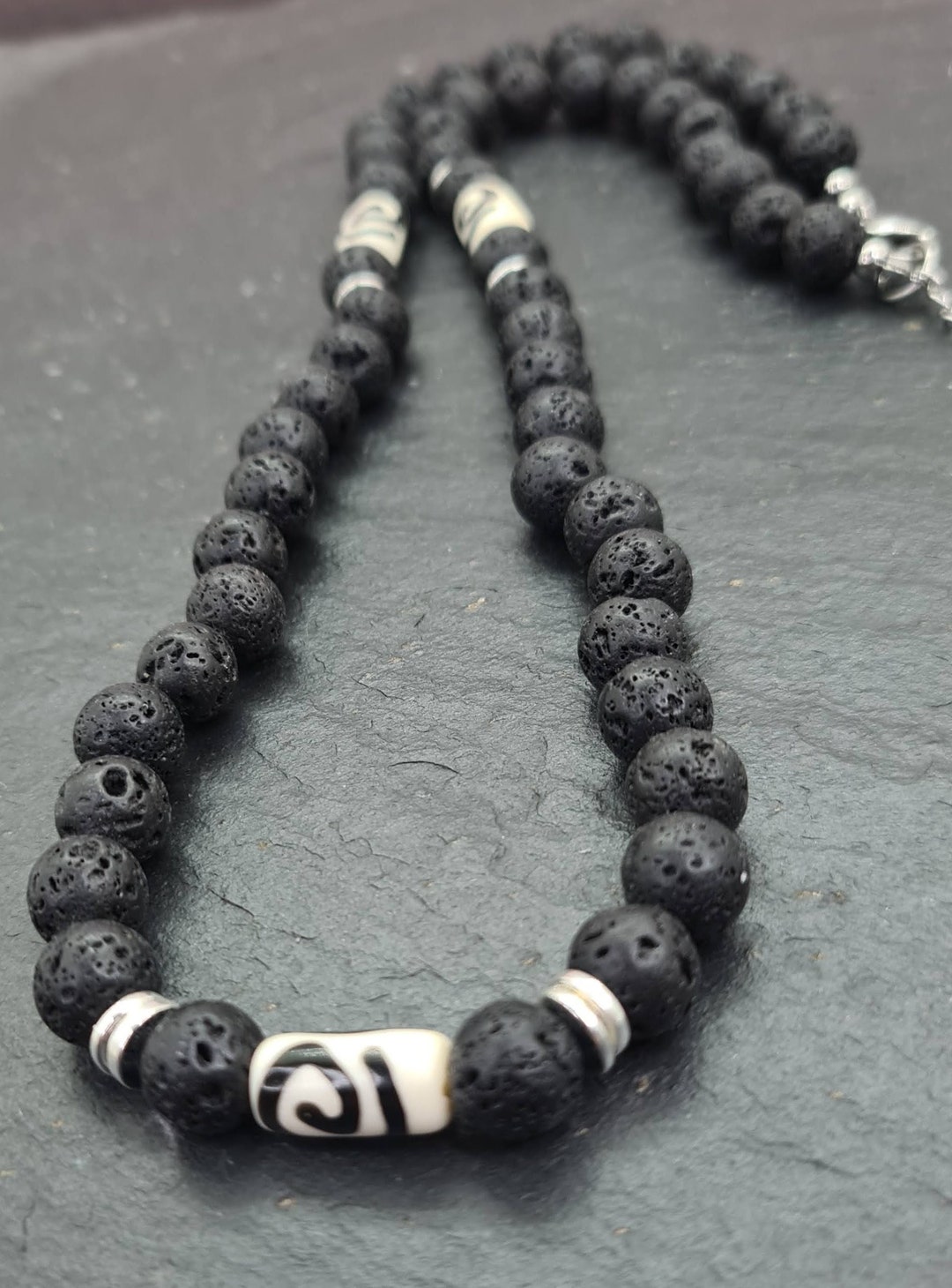Volcanic Lava Men's Necklace With Yak Bone and Steel Discs, Two Designs ...