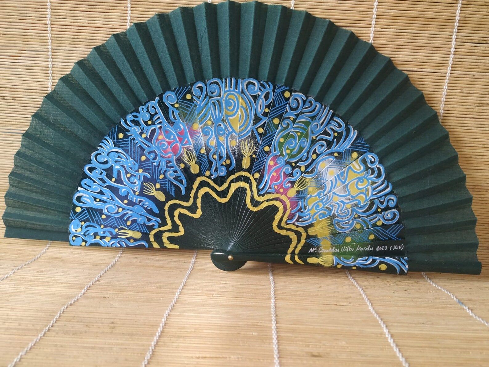 Handfan Fan, Pear Tree, Nºxiii, 23cm, Bottle Green and Blue Waves ...