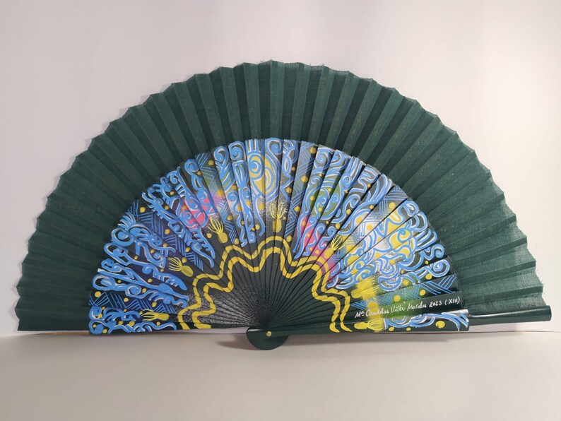 Handfan Fan, Pear Tree, Nºxiii, 23cm, Bottle Green and Blue Waves ...