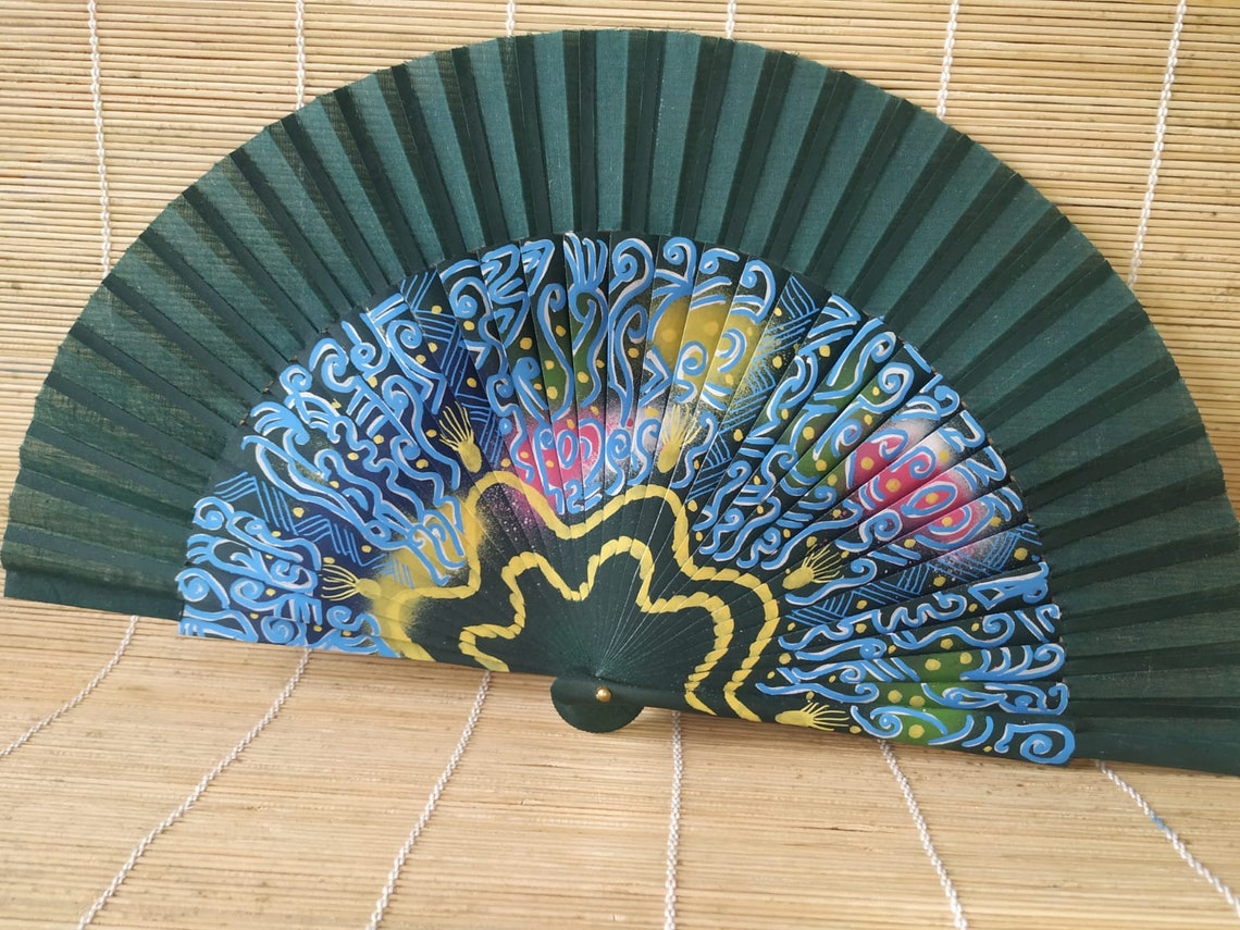Handfan Fan, Pear Tree, Nºxiii, 23cm, Bottle Green and Blue Waves ...