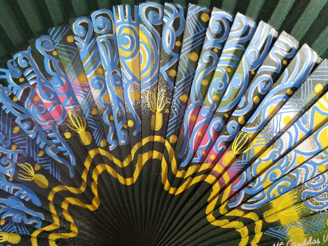 Handfan Fan, Pear Tree, Nºxiii, 23cm, Bottle Green and Blue Waves ...