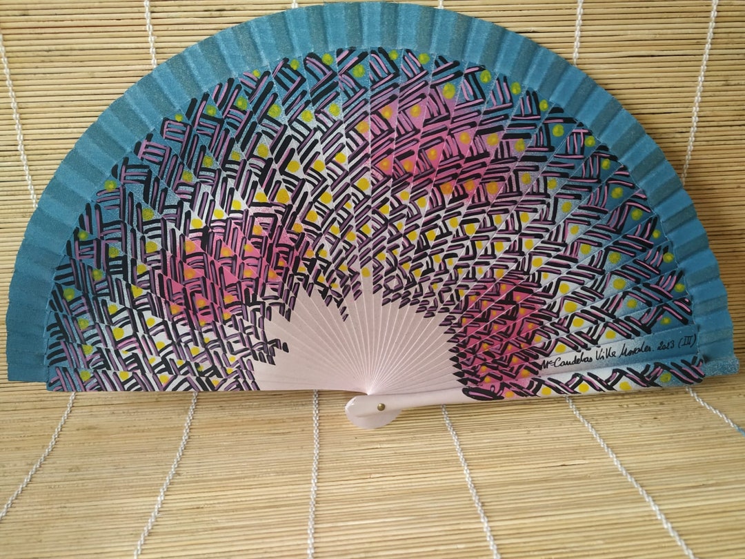 Hand Painted Pear Wood Fan Nºiii, 21CM, Turquoise and Light Violet - Etsy