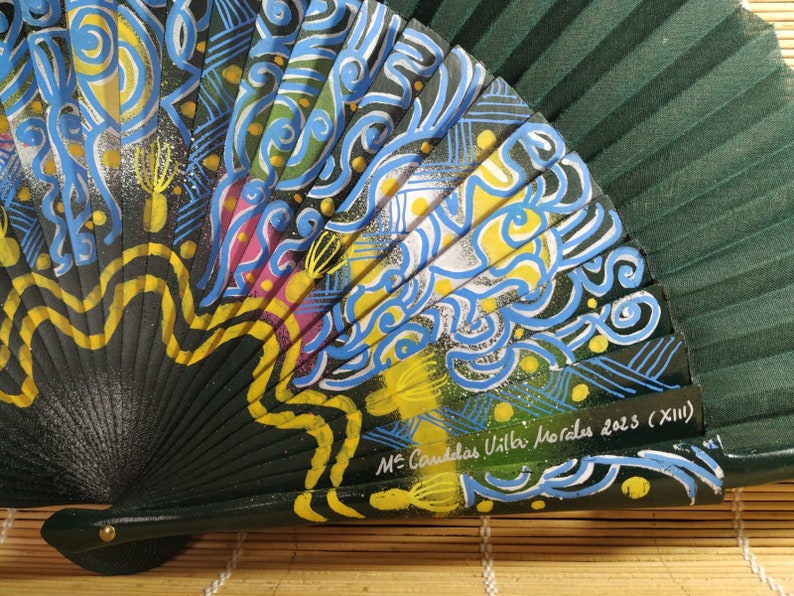 Handfan Fan, Pear Tree, Nºxiii, 23cm, Bottle Green and Blue Waves ...