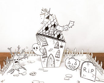 Haunted House Paper Craft Activity for Kids, Printable Sheets, Instant ...
