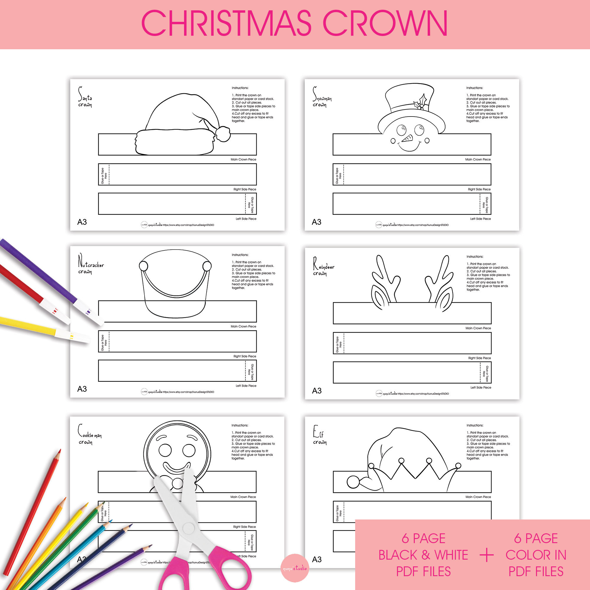 Christmas Paper Crowns Coloring Activity, Printable Kids Craft Crowns ...