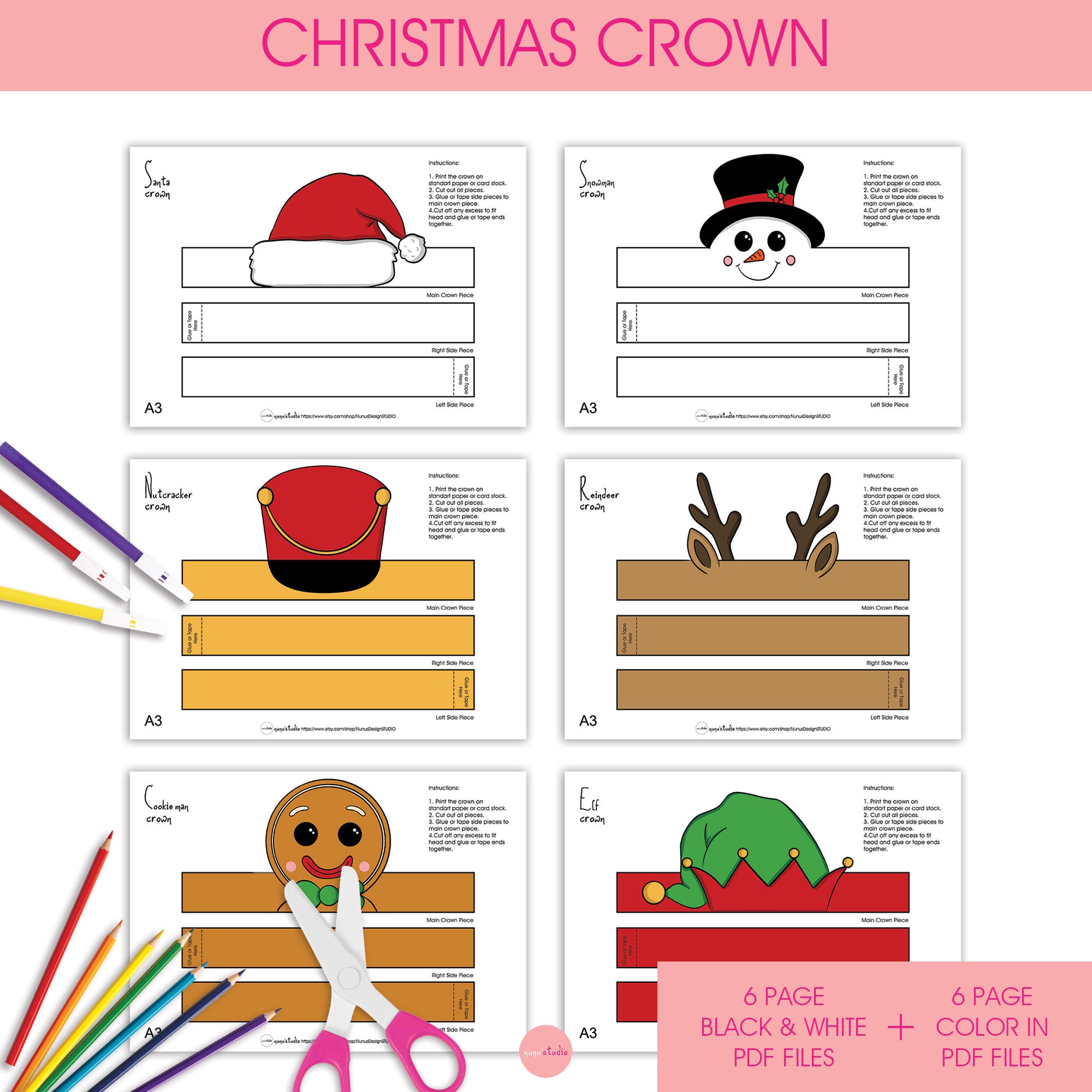 Christmas Paper Crowns Coloring Activity, Printable Kids Craft Crowns ...