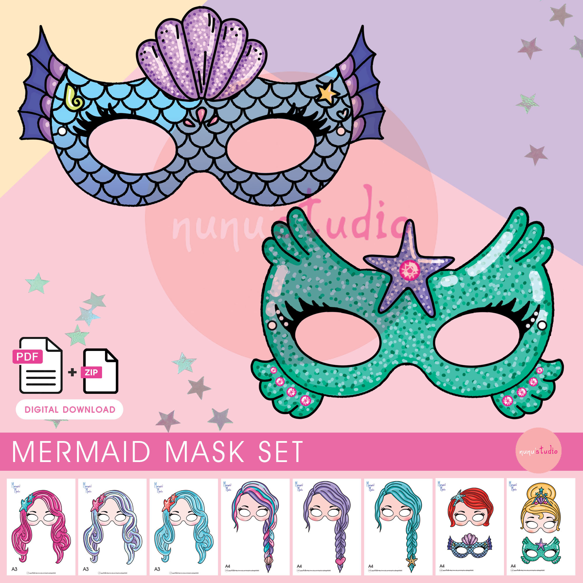 Mermaid Masks, Printable Mermaid Masks, Printable Mermaid Costume ...