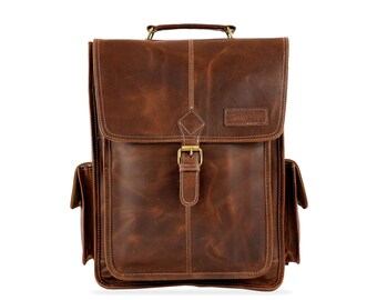 Full Grain Leather Backpack Multipurpose Travel School Office Shoulder ...