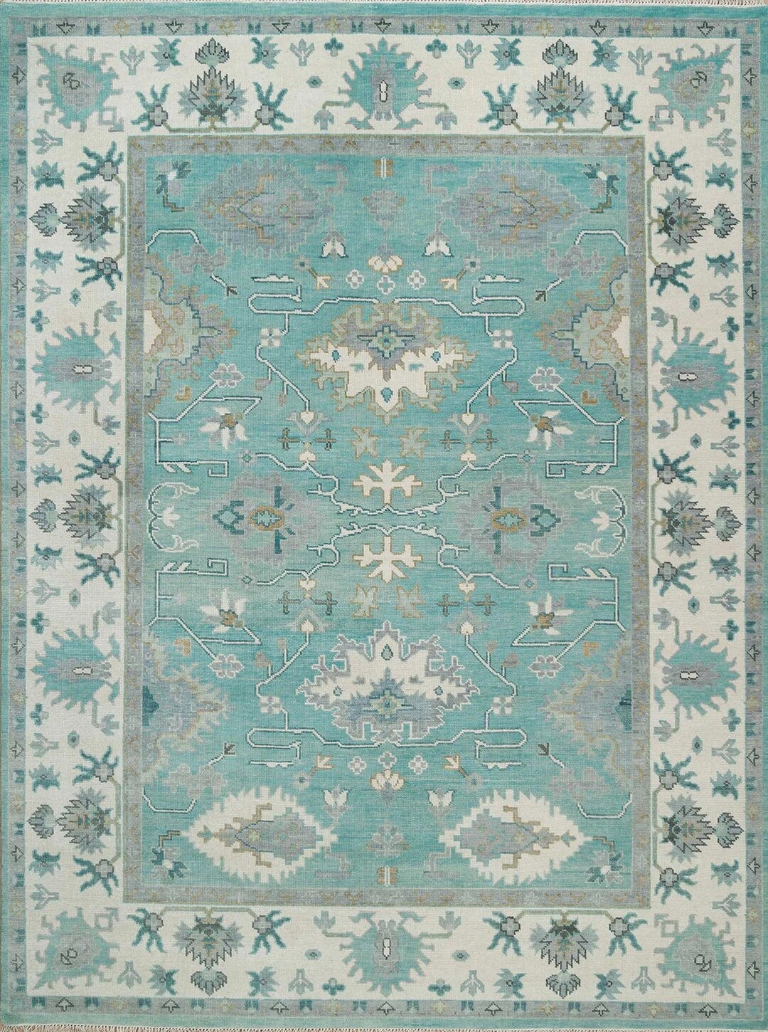 Modern Teal Oushak Rug, Turquoise Blue Turkish Rug, Cream Border Area ...