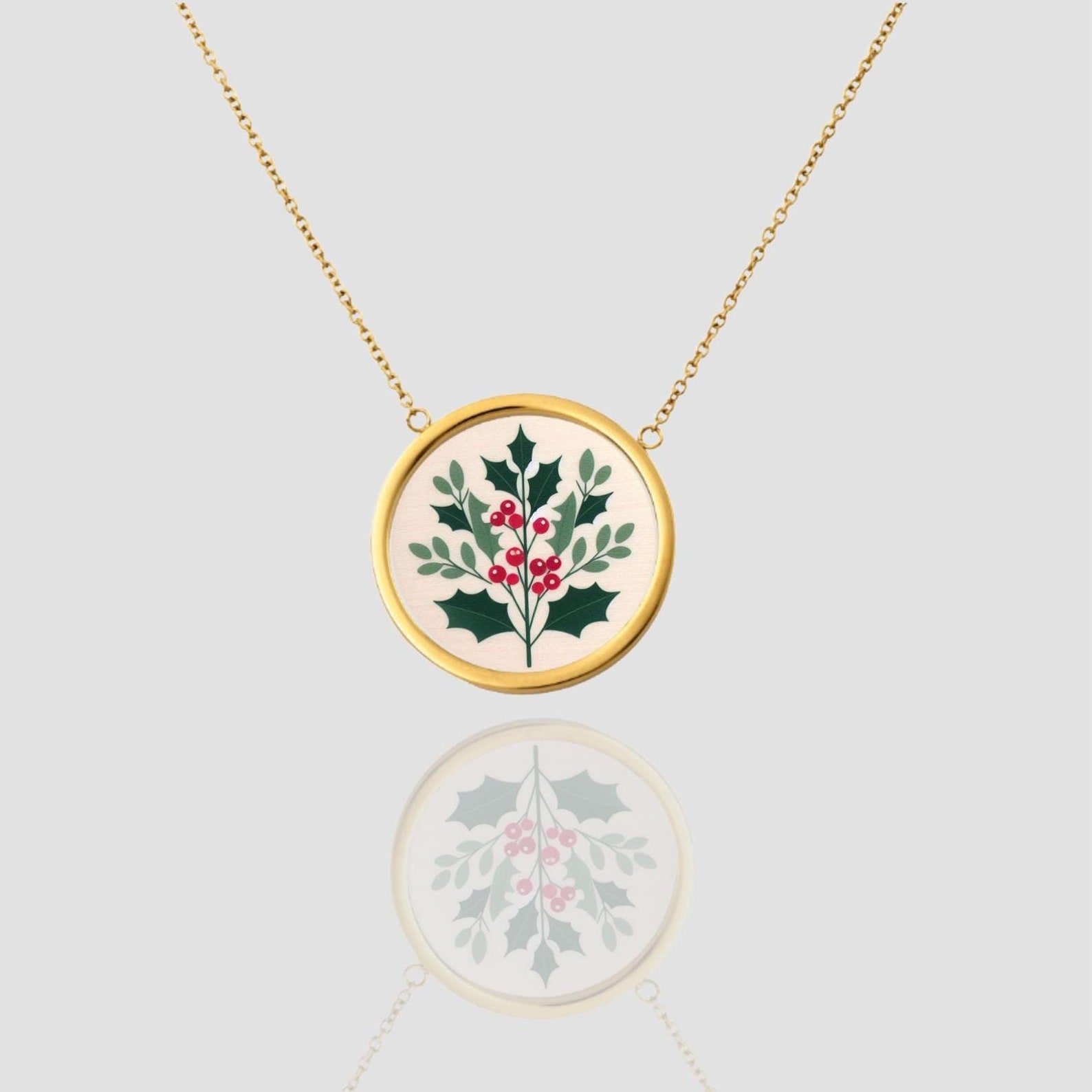 18K Solid Gold December Birth Flower Necklace: Holly Christmas Pendant ...