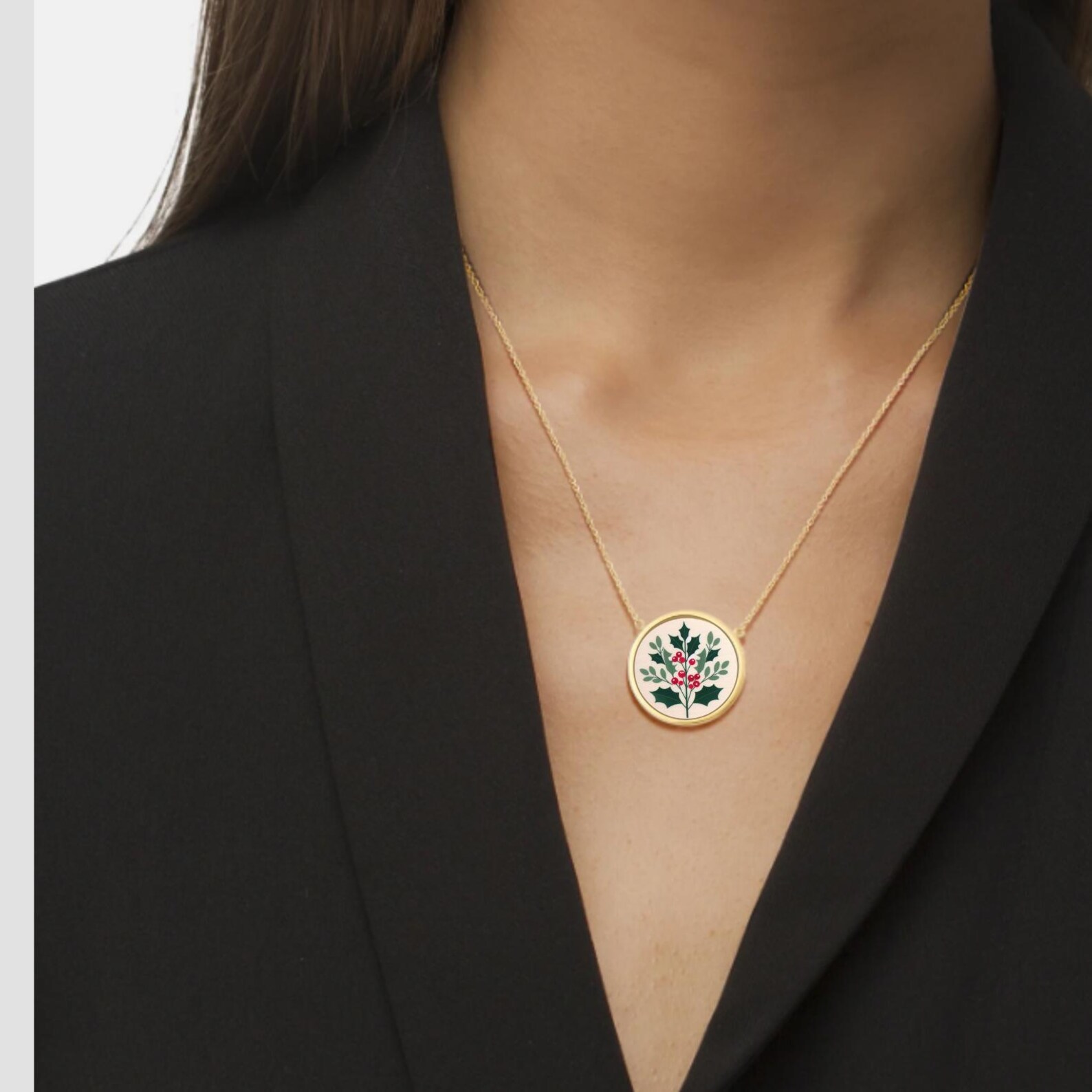 18K Solid Gold December Birth Flower Necklace: Holly Christmas Pendant ...