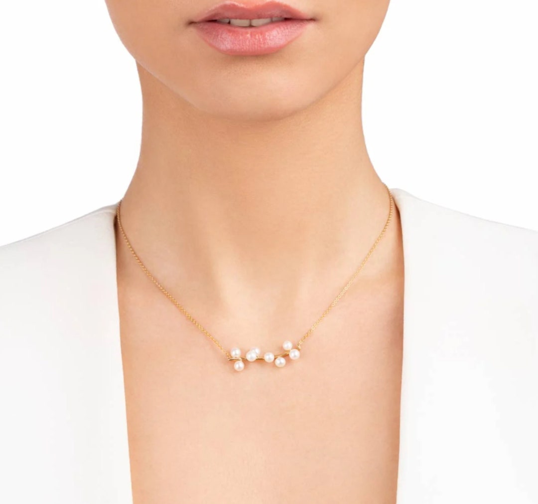 18k Solid Gold Cluster Pearl Necklace Handmade Pearl Cluster Necklace