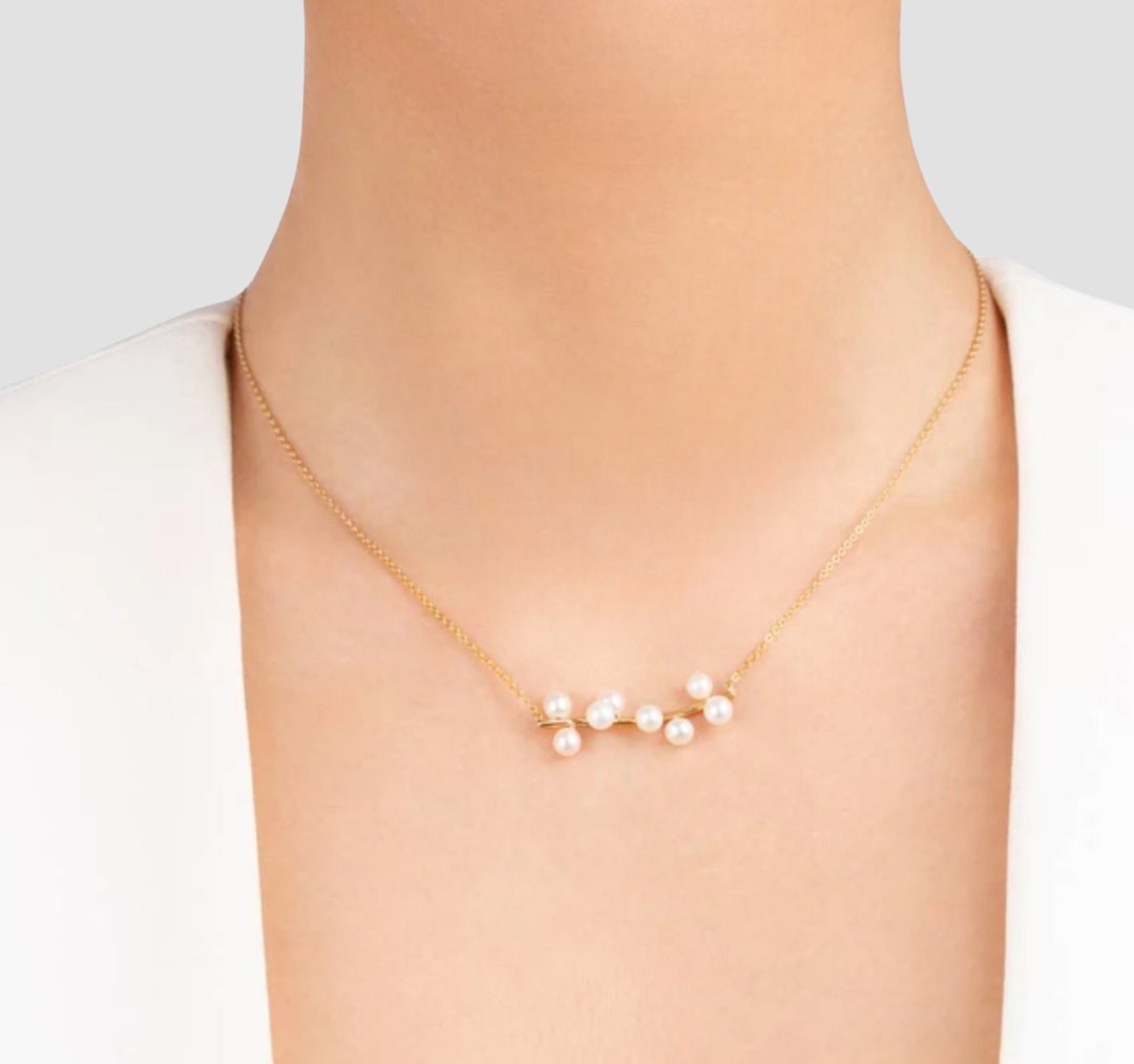 18k Solid Gold Cluster Pearl Necklace Handmade Pearl Cluster Necklace