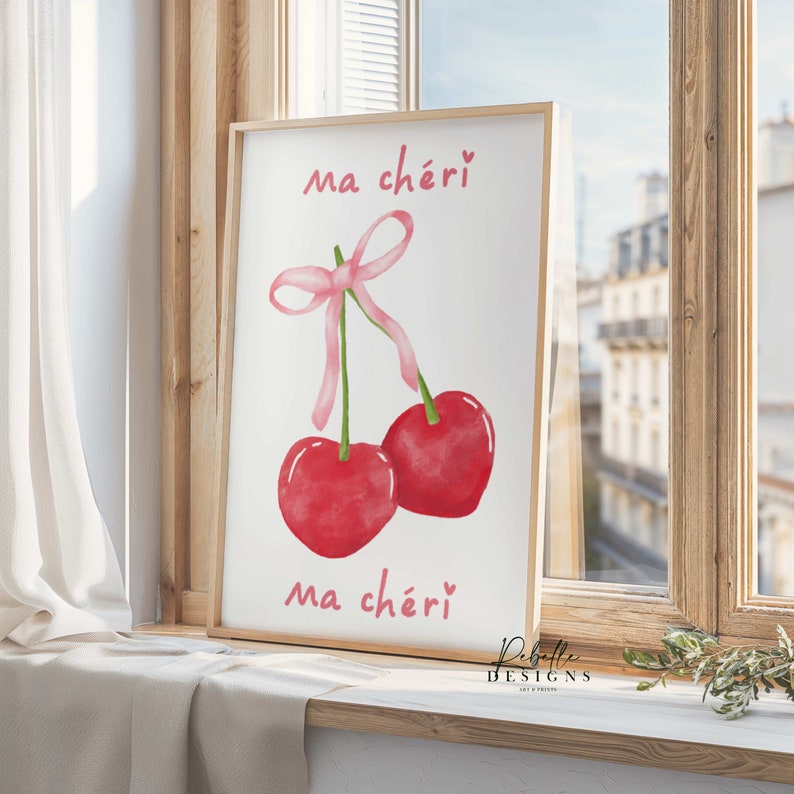 Cherry Wall Art Print, Trendy Pink Bows Coquette, Preppy Poster ...
