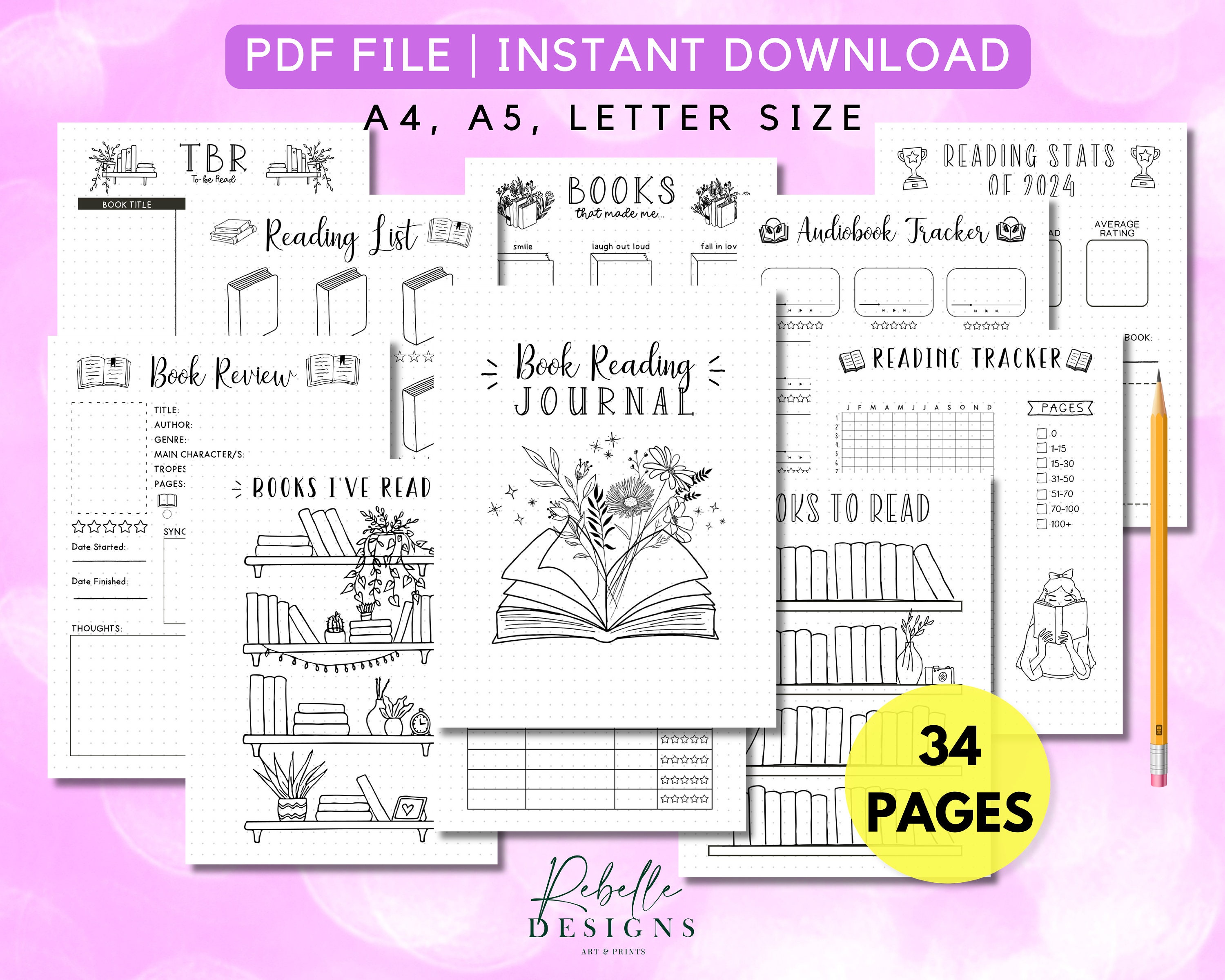 Book Reading Bundle Tracker Printable Pages Bullett Journal Book ...