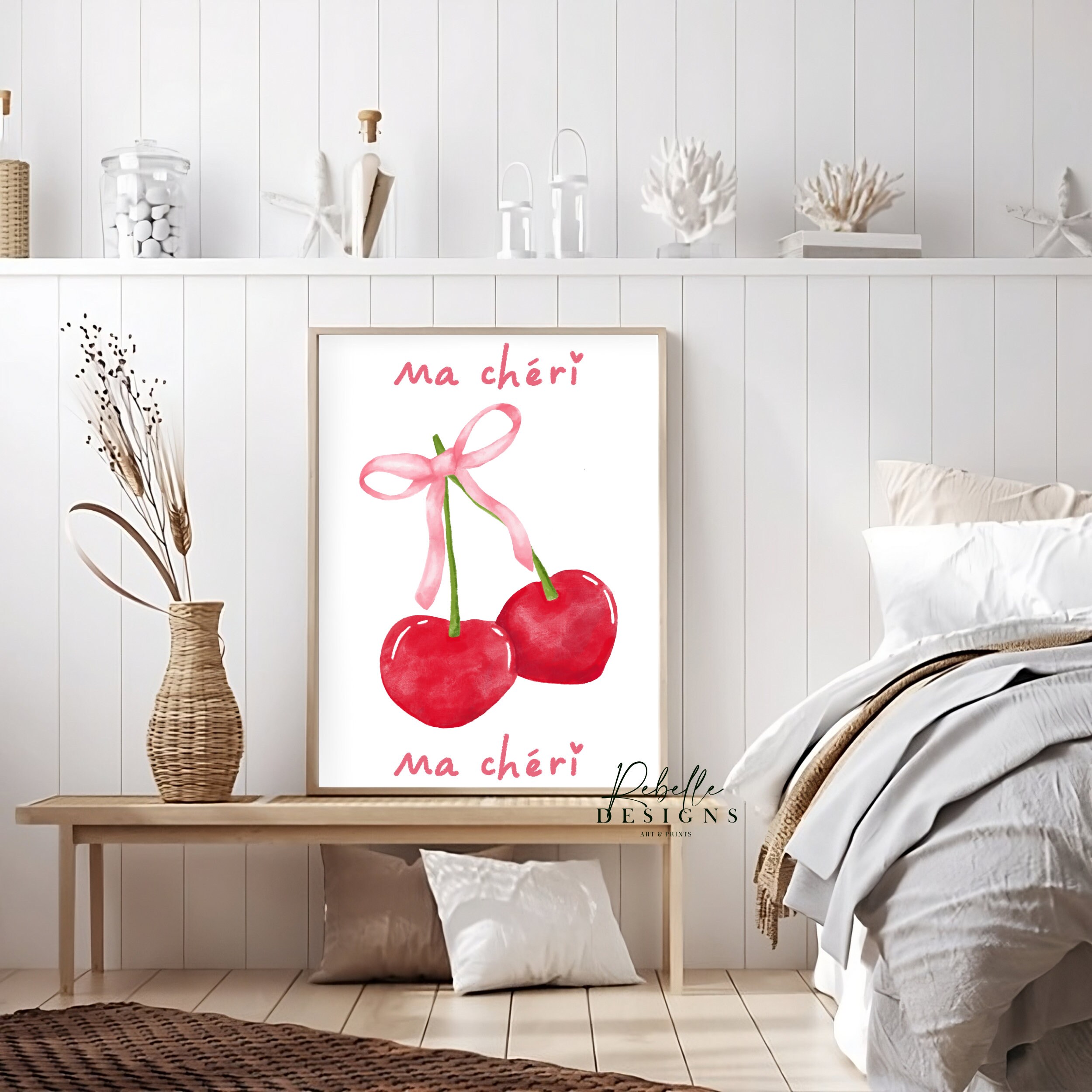 Cherry Wall Art Print, Trendy Pink Bows Coquette, Preppy Poster ...