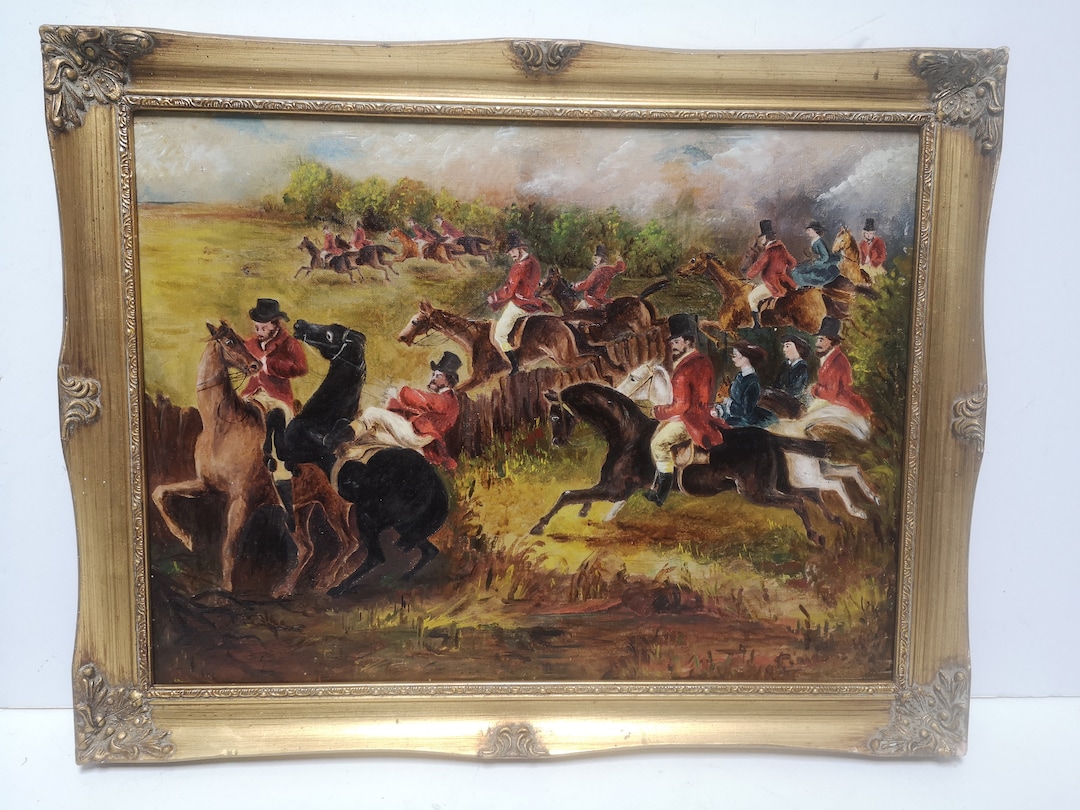 Antique Oil Painting of Fox Hunting Field Hedge Hopping - Etsy