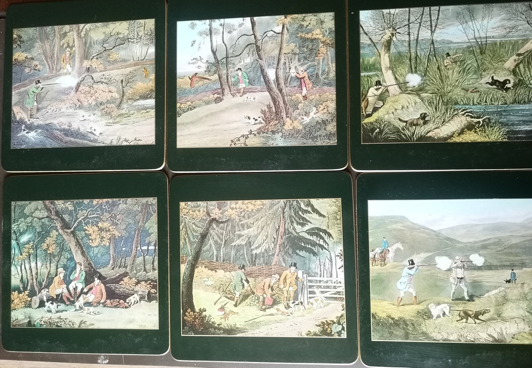 Set of Six Vintage Sheraton Green Border Shooting Scenes Cocktail Mats ...