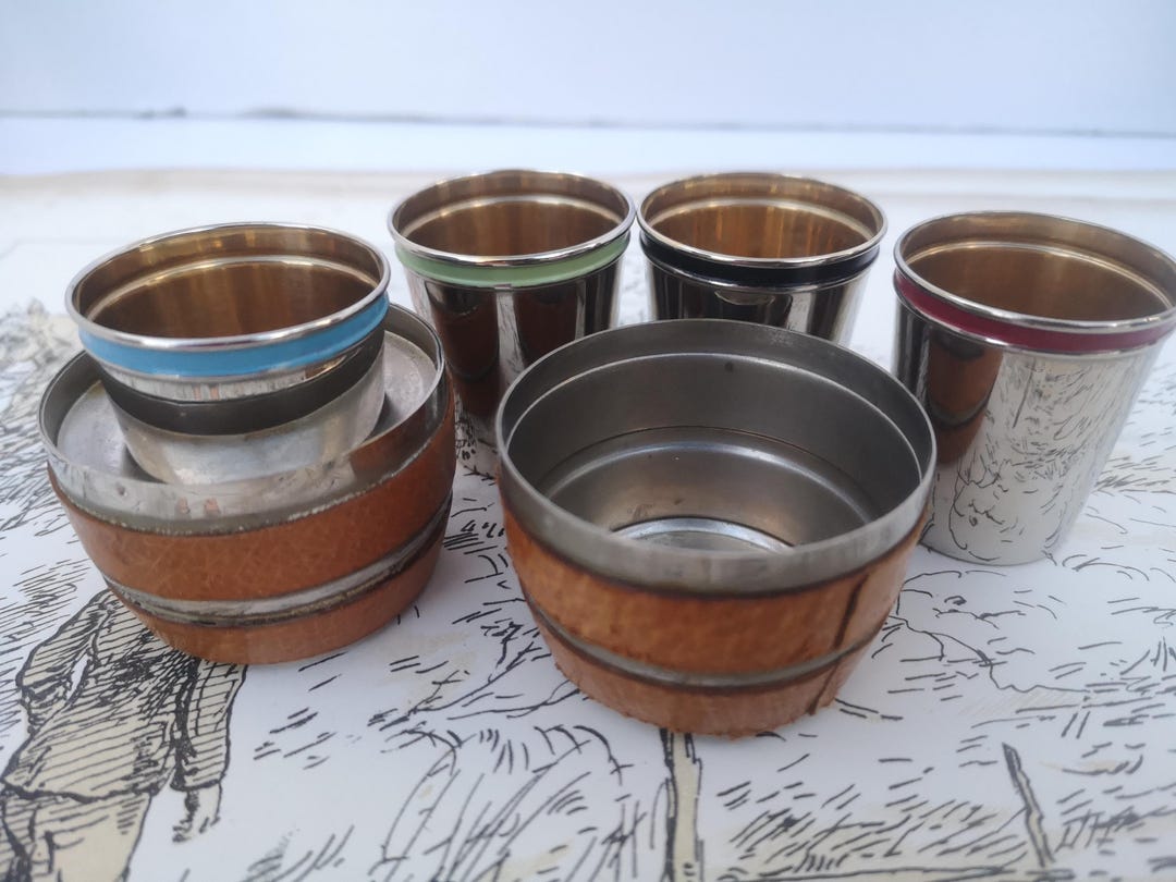Set of Four Vintage Metal Stirrup Cups With Enamel Rims in Barrel ...