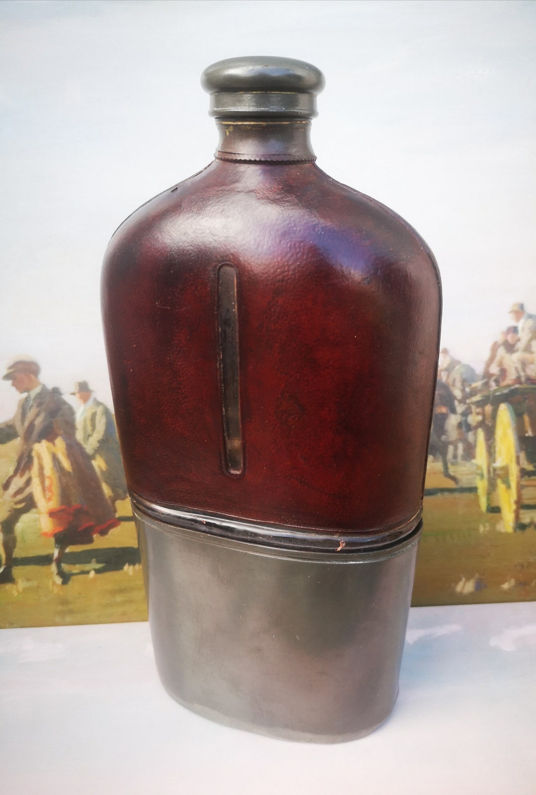 Unsually Large Antique M.V. Olry Hip Flask Leather Covered With Pewter ...