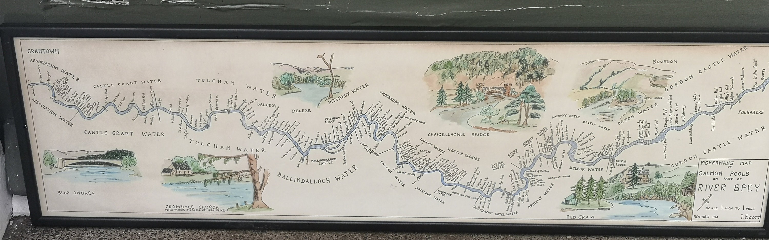 Vintage Framed Fisherman's Map of Salmon Pools 0n Part of the River ...