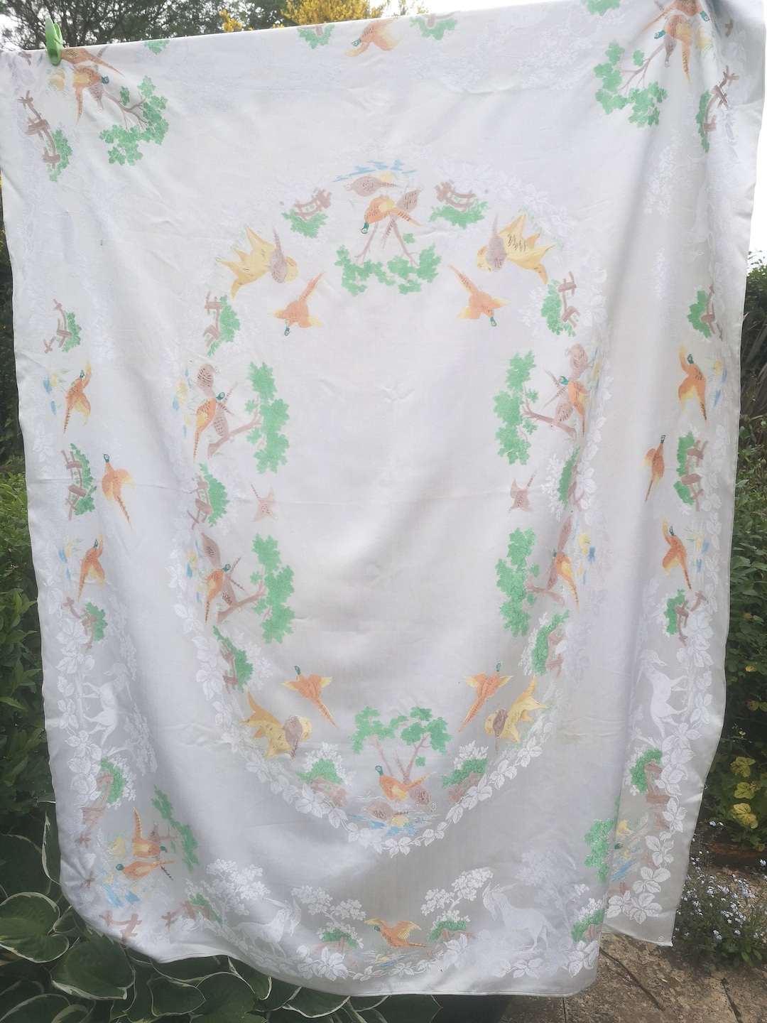 Vintage Quality Hand Painted Irish Double Damask Tablecloth Pheasants and Retrievers 68 X 52 ...