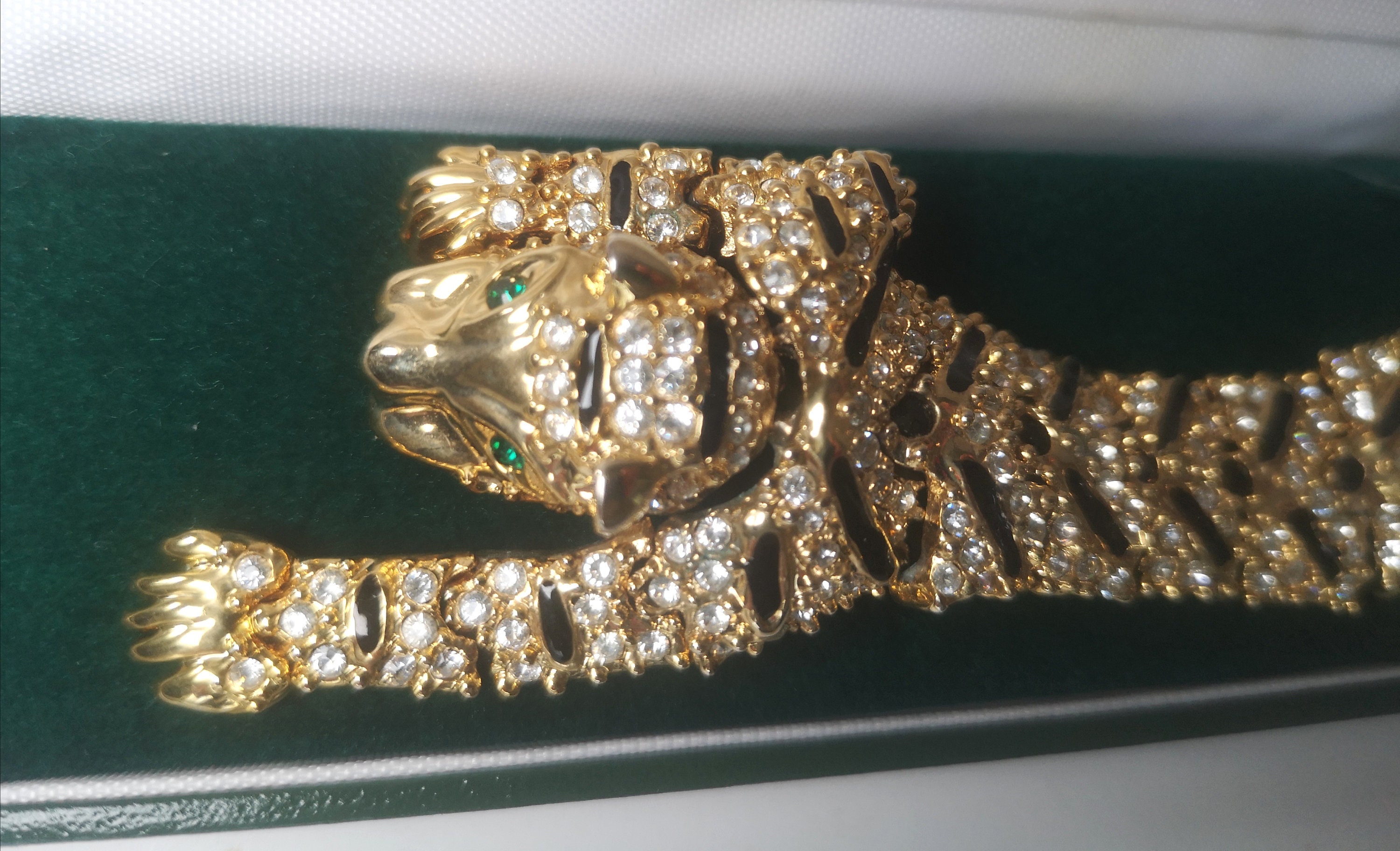 Fabulous Long Articulated Clear Stone Tiger Brooch With Green Stone ...
