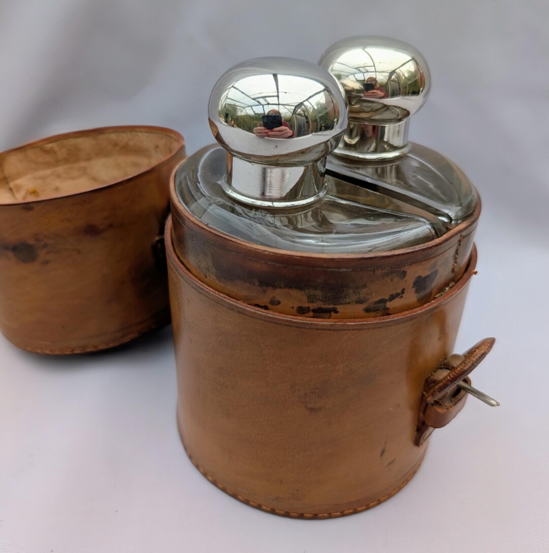 Antique Glass Flasks in Tan Leather Case, Silver Plated Tops - Etsy