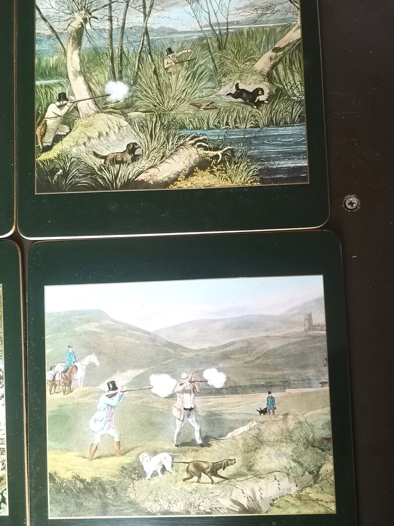 Set of Six Vintage Sheraton Green Border Shooting Scenes Cocktail Mats ...