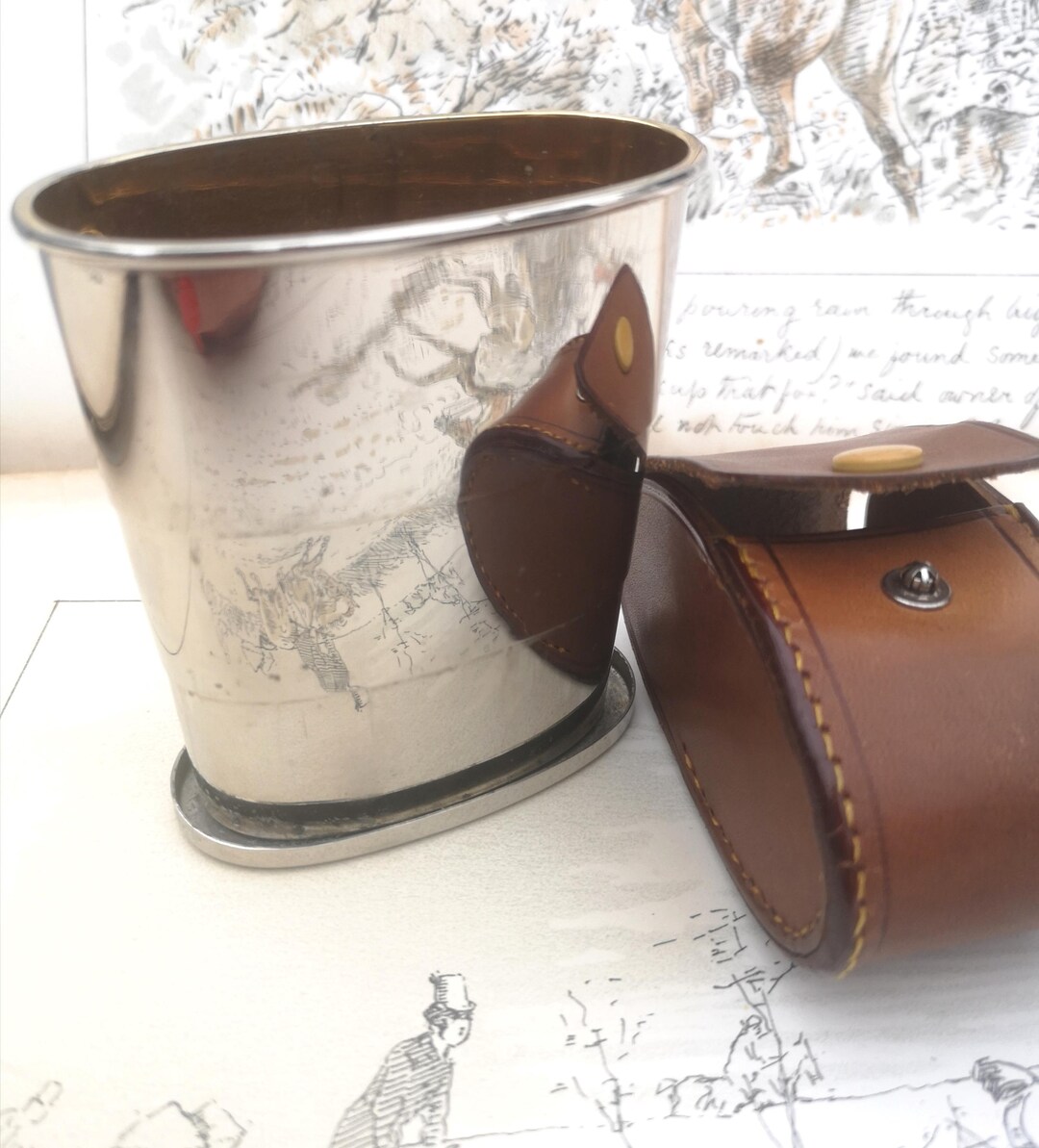 Vintage White Metal Folding Stirrup Cup in Leather Case Unusual Oval ...