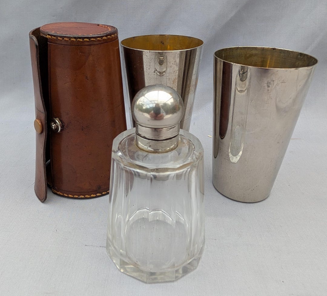 Set of Two Antique Stirrup Cups With Small Glass Hip Flask in Leather ...