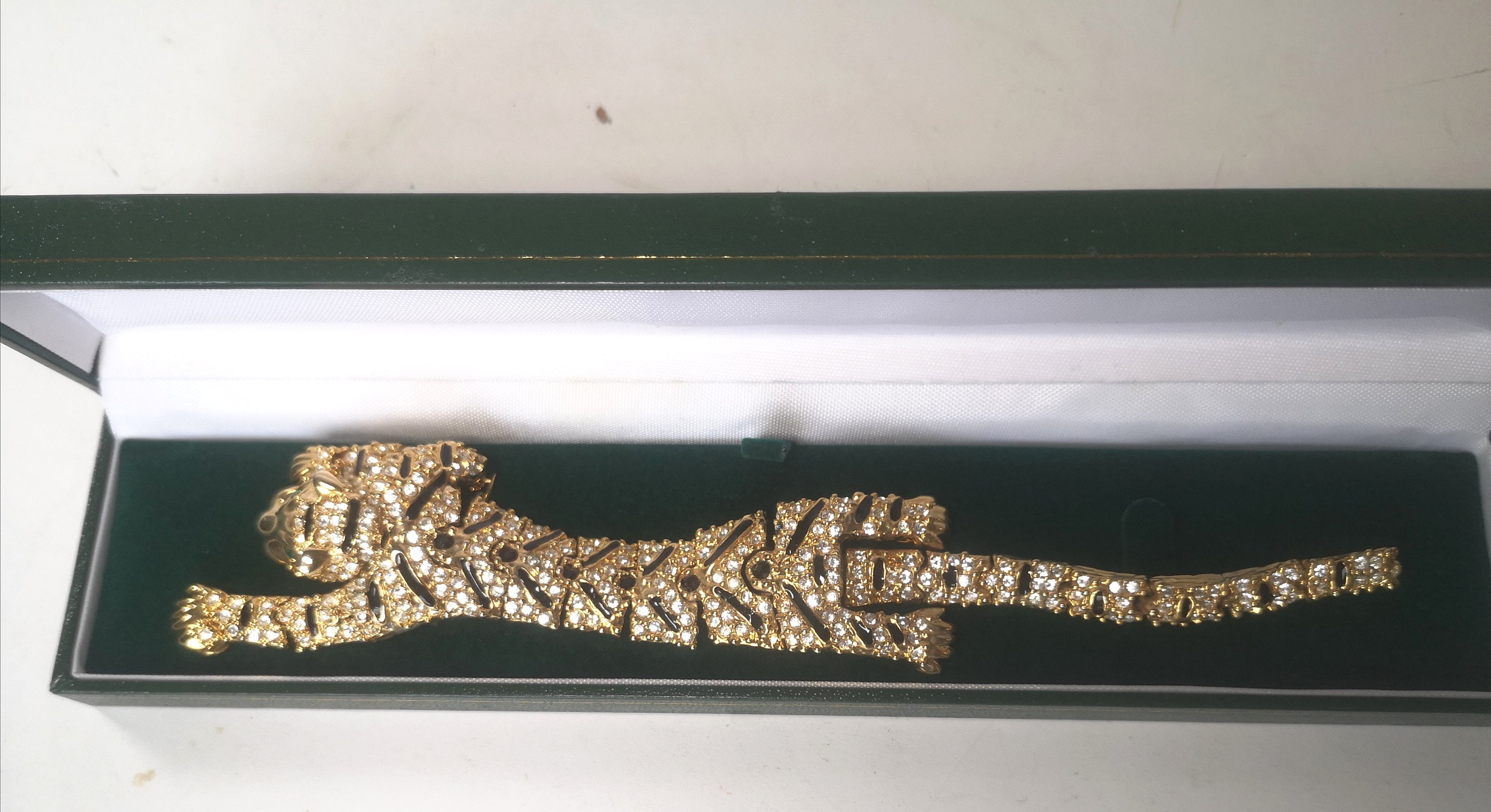 Fabulous Long Articulated Clear Stone Tiger Brooch With Green Stone ...
