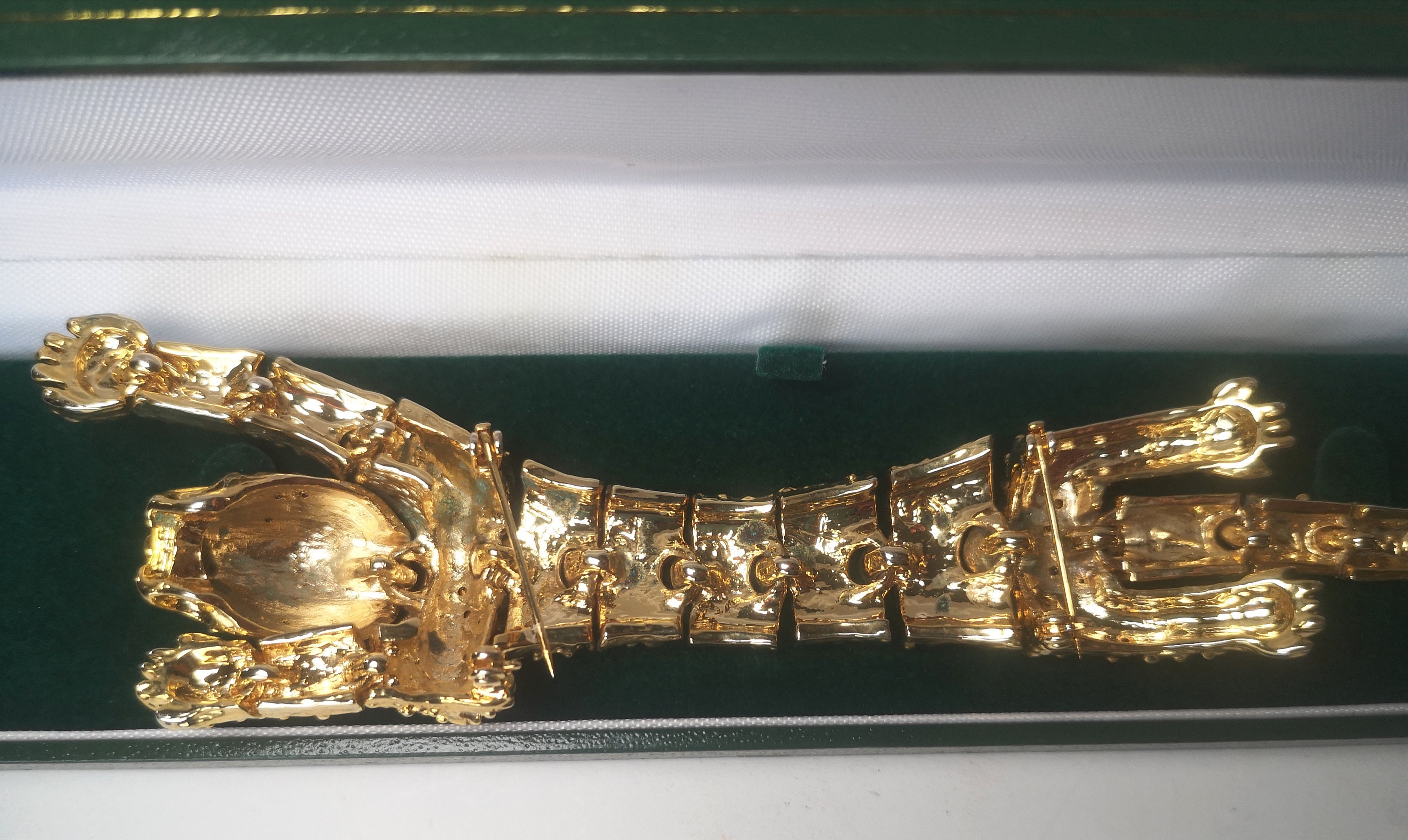 Fabulous Long Articulated Clear Stone Tiger Brooch With Green Stone ...