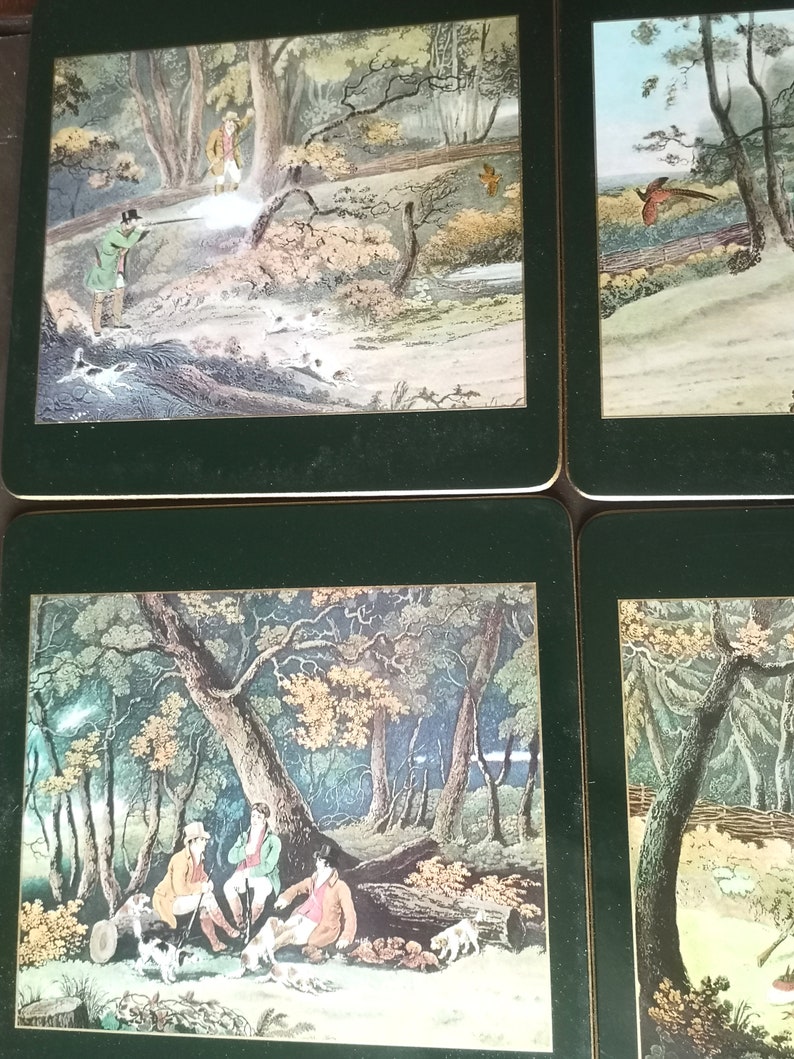 Set of Six Vintage Sheraton Green Border Shooting Scenes Cocktail Mats ...
