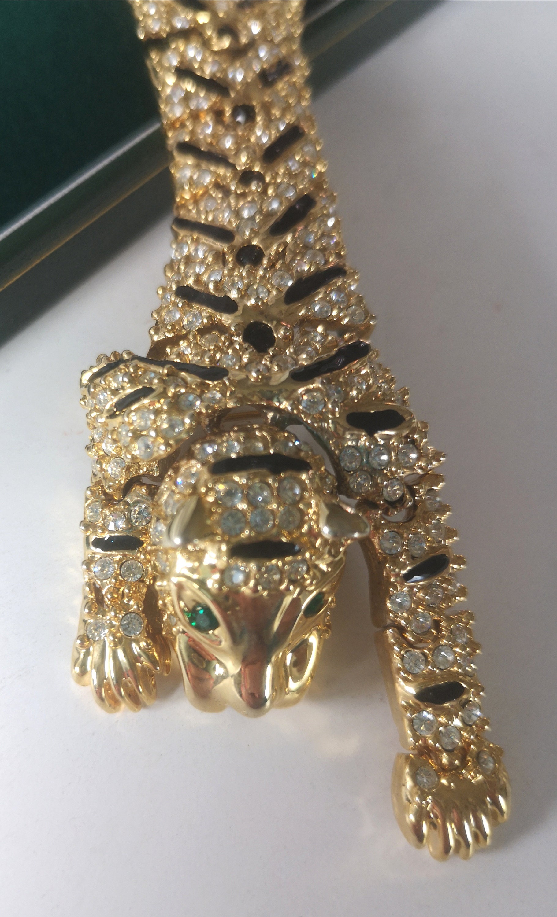 Fabulous Long Articulated Clear Stone Tiger Brooch With Green Stone ...
