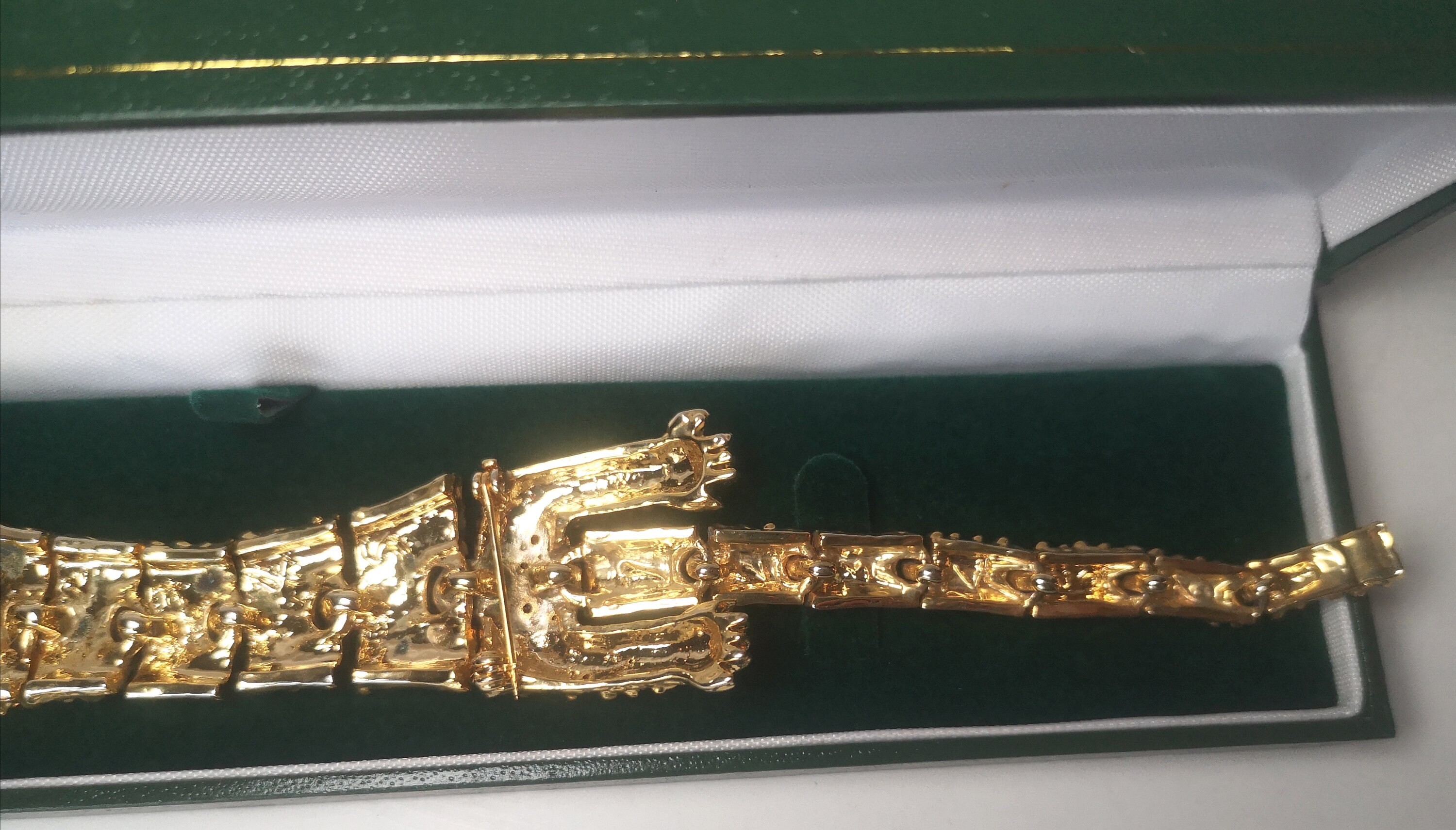 Fabulous Long Articulated Clear Stone Tiger Brooch With Green Stone ...