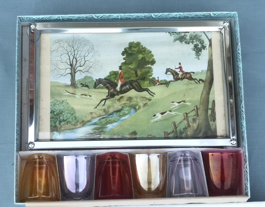 Vintage Fox Hunt Design Chrome Tray With Six Coloured Glasses in ...