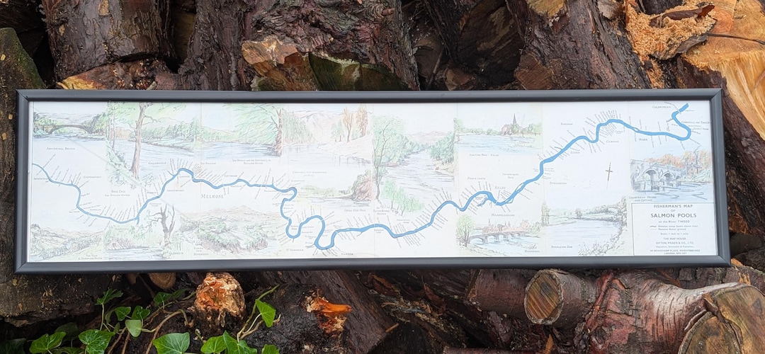 Vintage Framed Fisherman's Map of Salmon Pools 0n River Tweed Hand ...