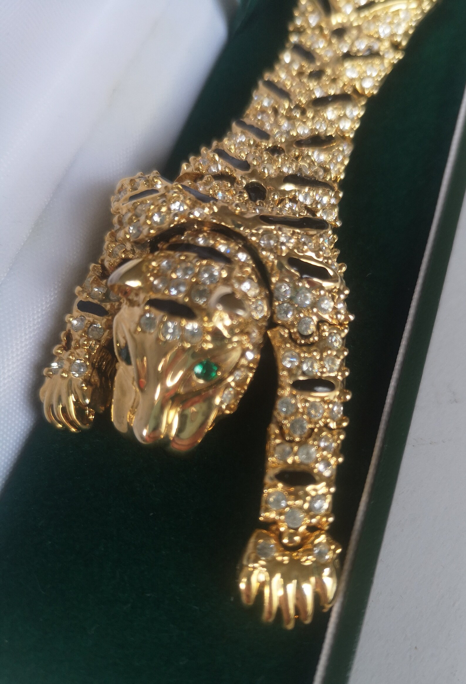 Fabulous Long Articulated Clear Stone Tiger Brooch With Green Stone ...