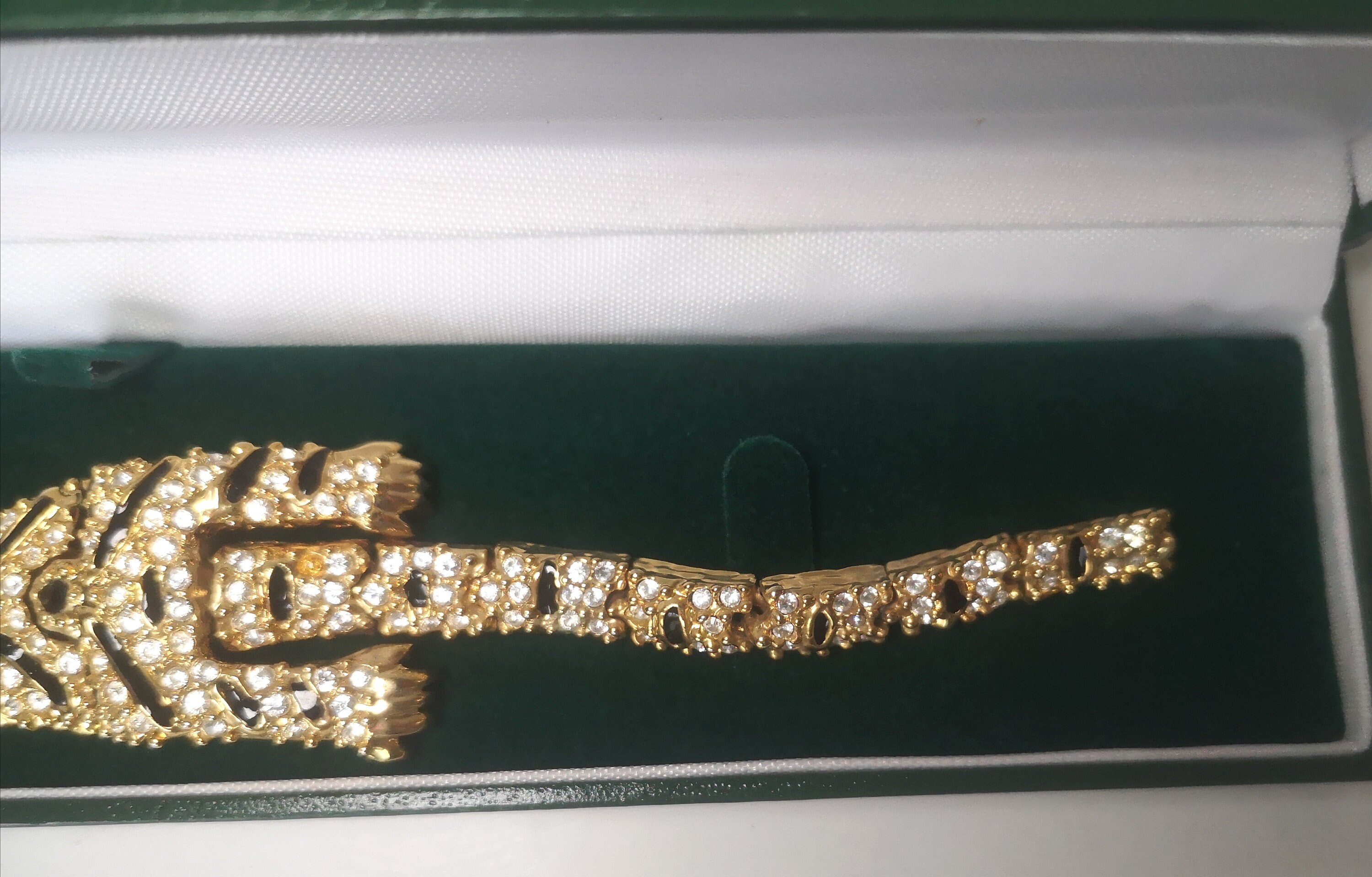 Fabulous Long Articulated Clear Stone Tiger Brooch With Green Stone ...
