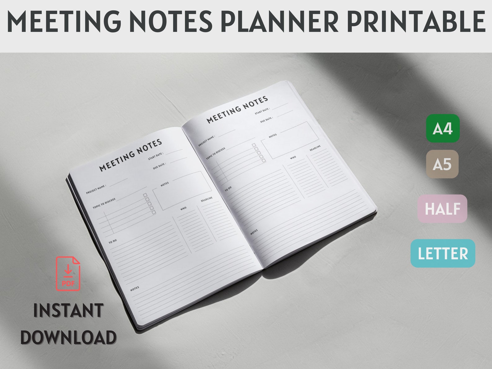 Meeting Notes Printable Template Agenda & Minutes Notebook PDF ...
