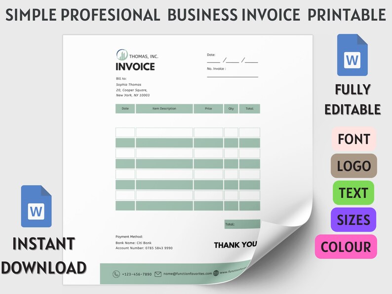 Simple Business Invoice Printable Invoice Template Word minimalist ...