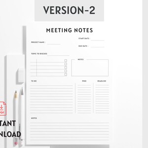 Meeting Notes Printable Template Agenda & Minutes Notebook PDF ...
